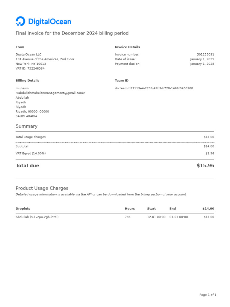 DigitalOcean LLC VAT Invoice December 2024 | PDF
