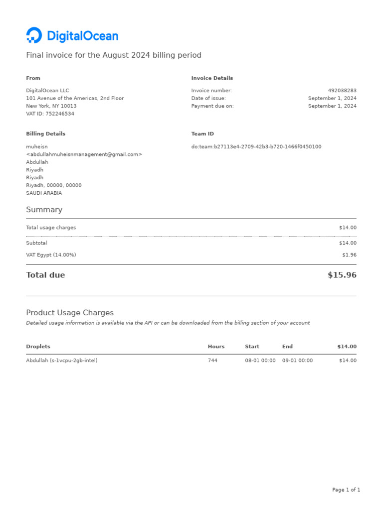 DigitalOcean Invoice 2024 Aug (14248796-492038283) | PDF