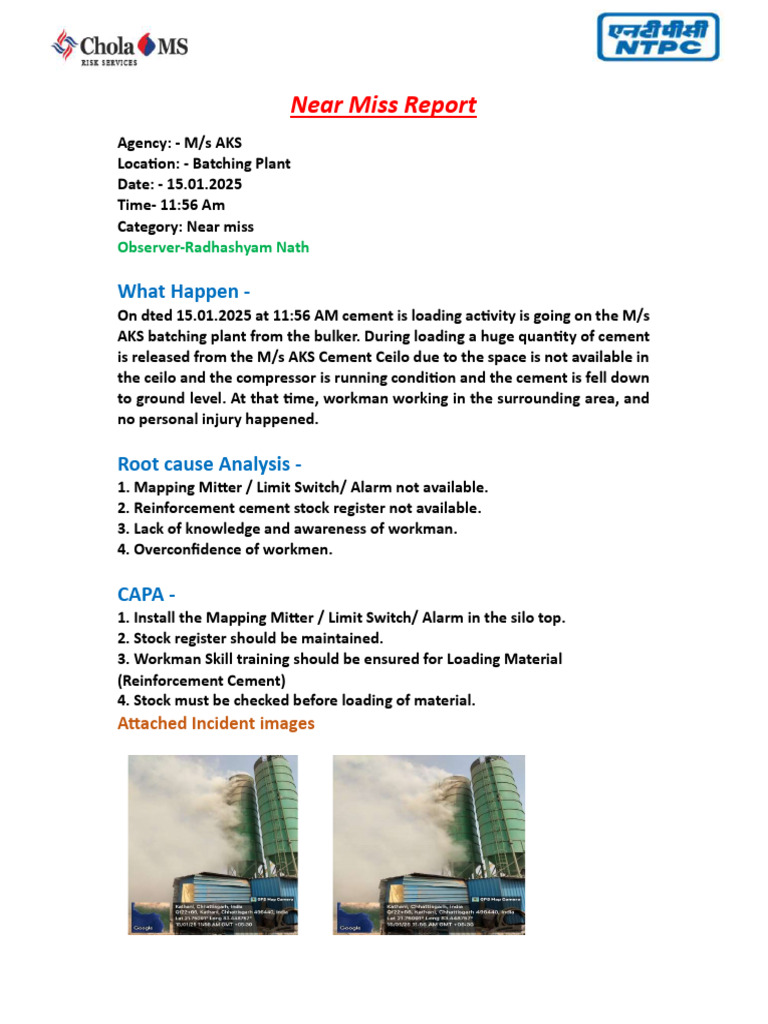 Near Miss Report: Cement Loading Incident | PDF