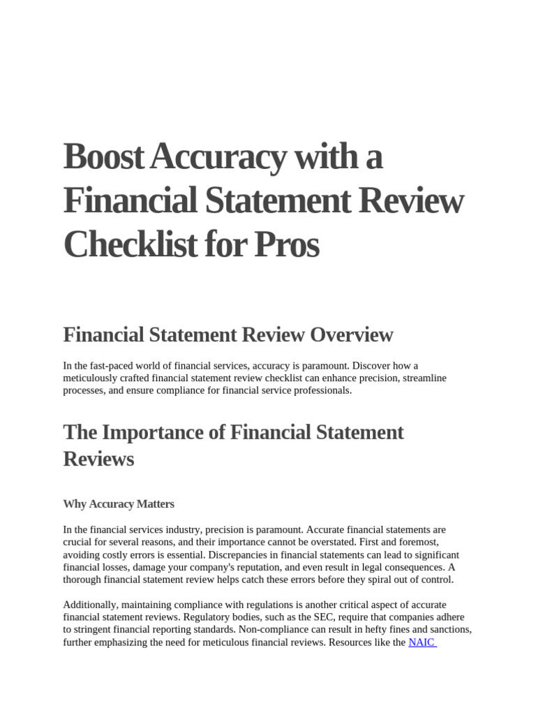 Financial Statement Review Checklist | PDF | Audit | Regulatory Compliance