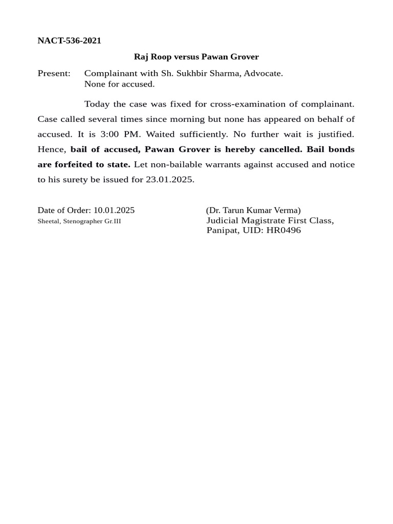 Bail Cancellation Order for Pawan Grover | PDF