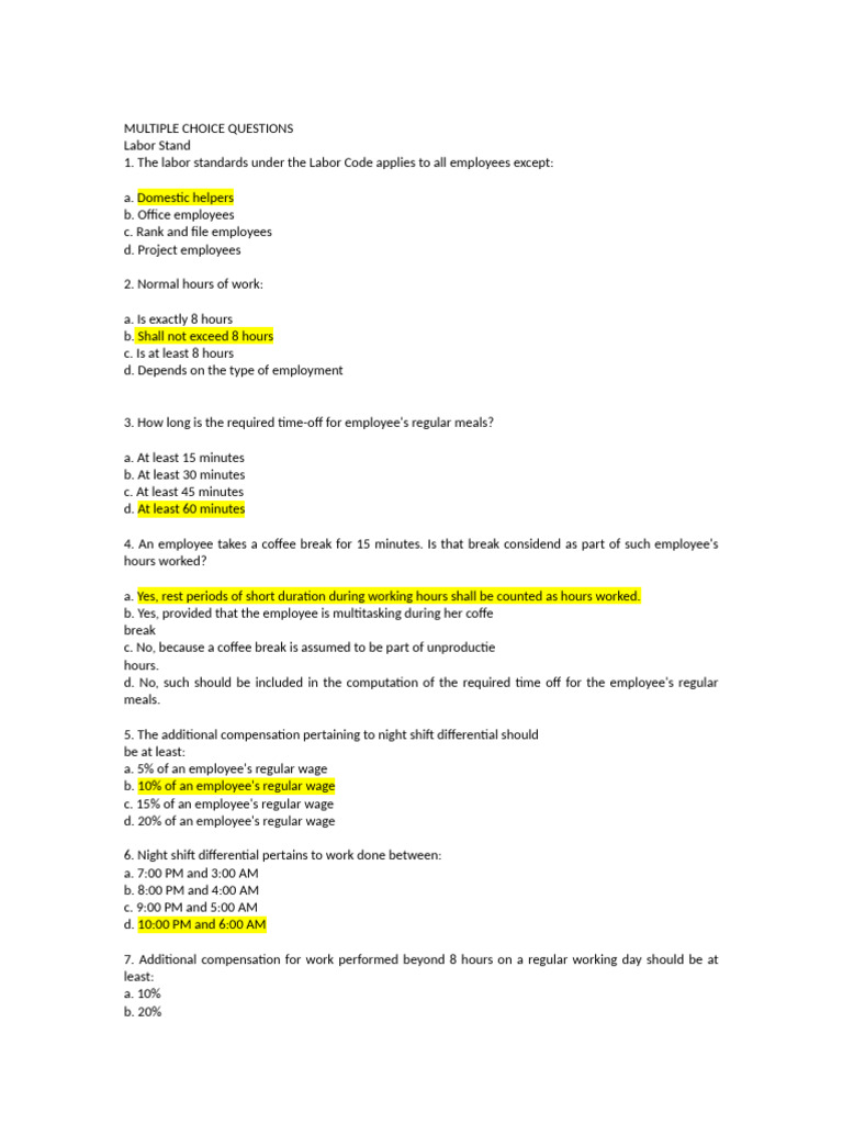 Labor Standards Multiple Choice Quiz | PDF | Overtime | Employment