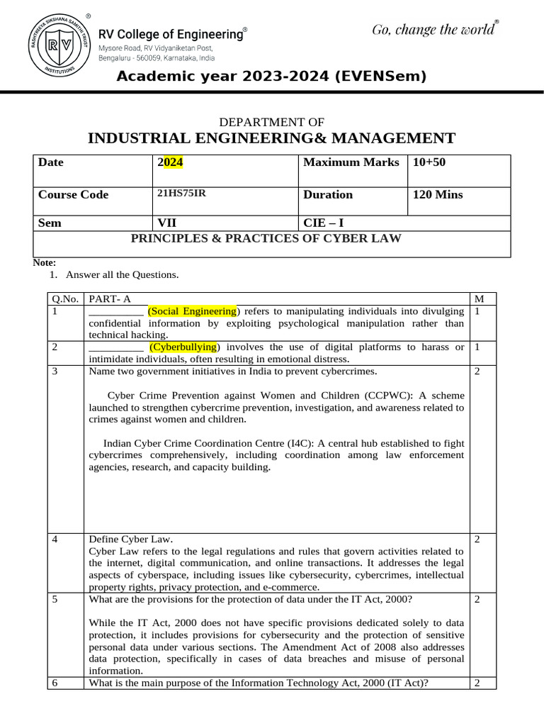 Cyber Law QP With Scheme Cie 1 | PDF | Cybercrime | Security
