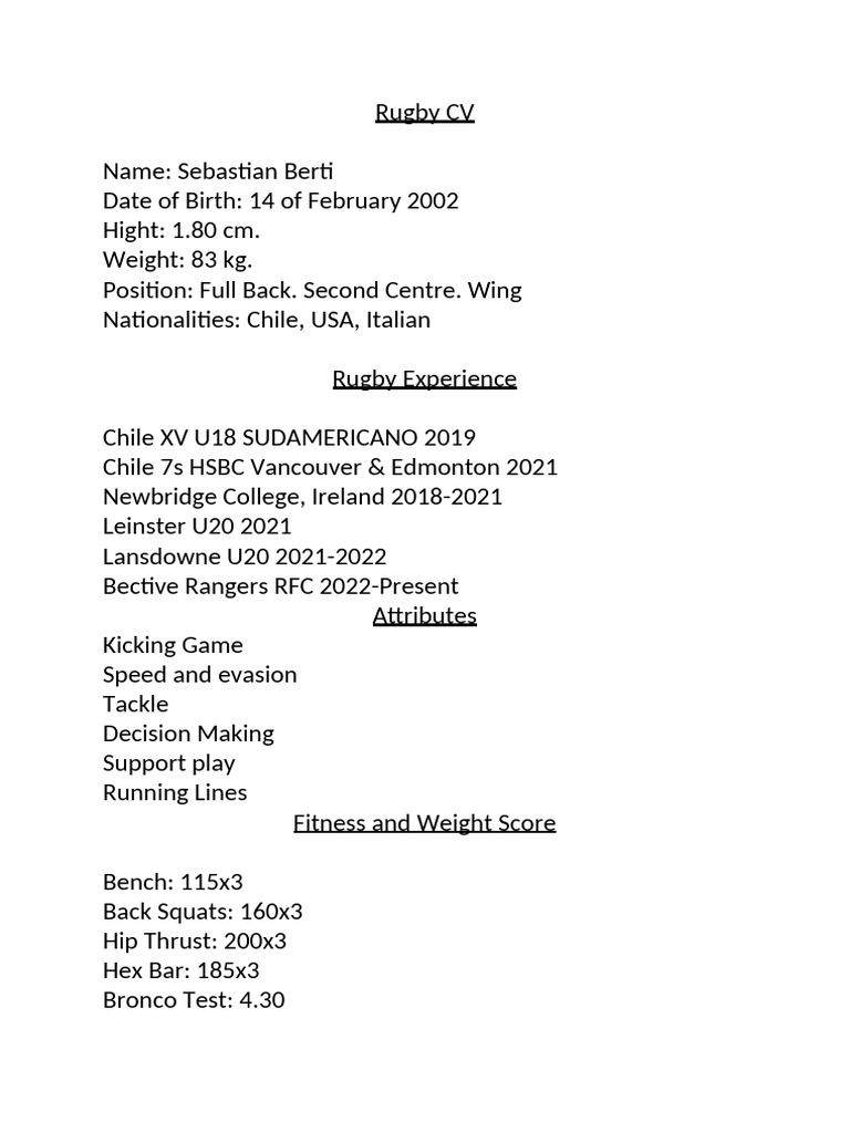 Rugby CV: Sebastian Berti Profile | PDF