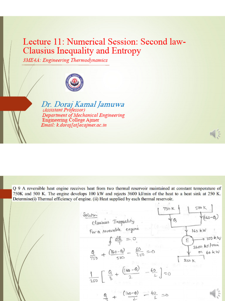 Lecture 11 Numerical Session 5-Clausius Inequality and Entropy | PDF