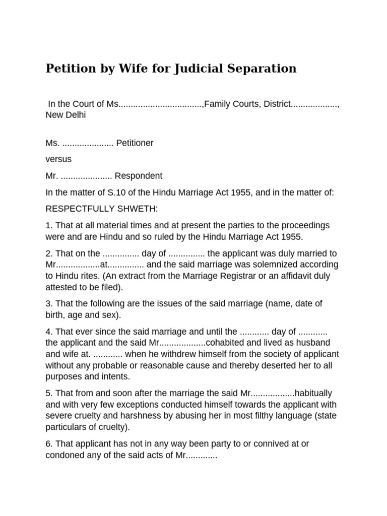 Judicial Separation Petition Format | PDF | Marriage | Justice