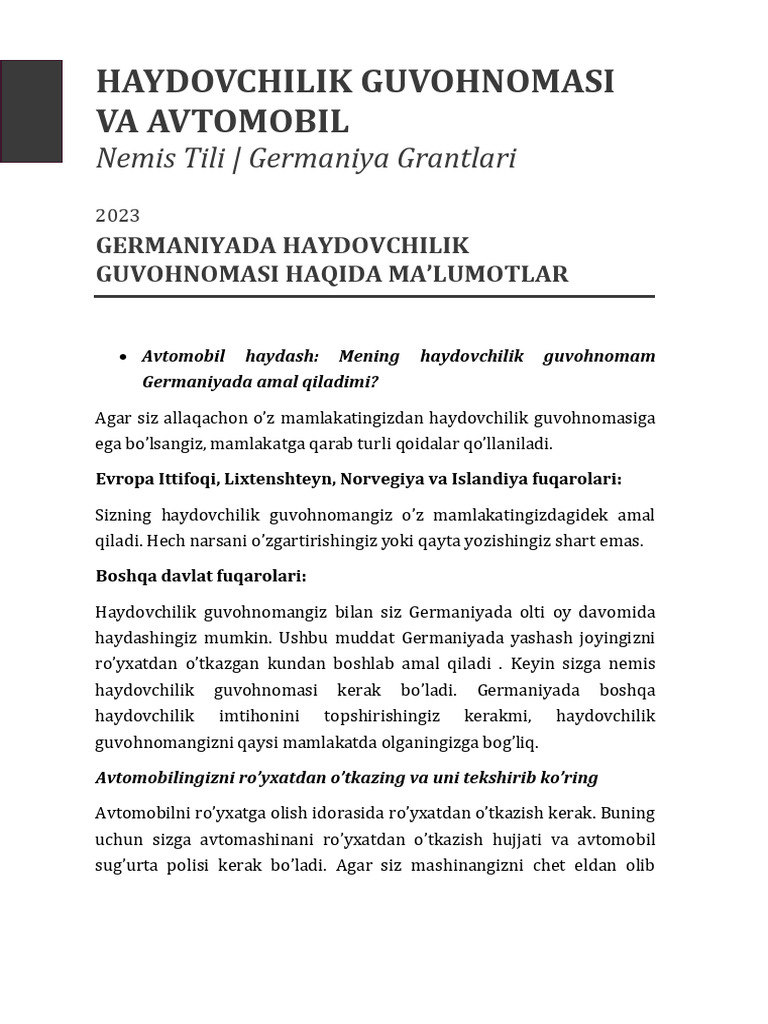 @nemis - Tili - Kanal Haydovchilik Guvohnomasi Va Avtomobil | PDF