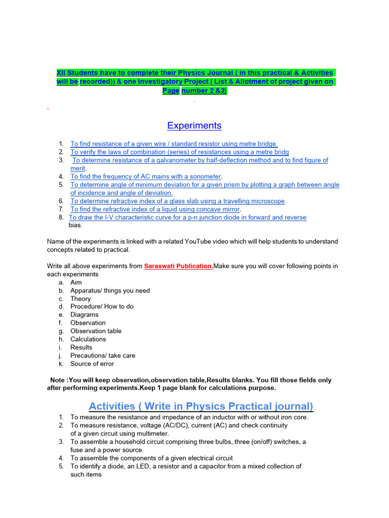 Class 12 Physics Practical Journal Guide | PDF | Electrical Resistance ...