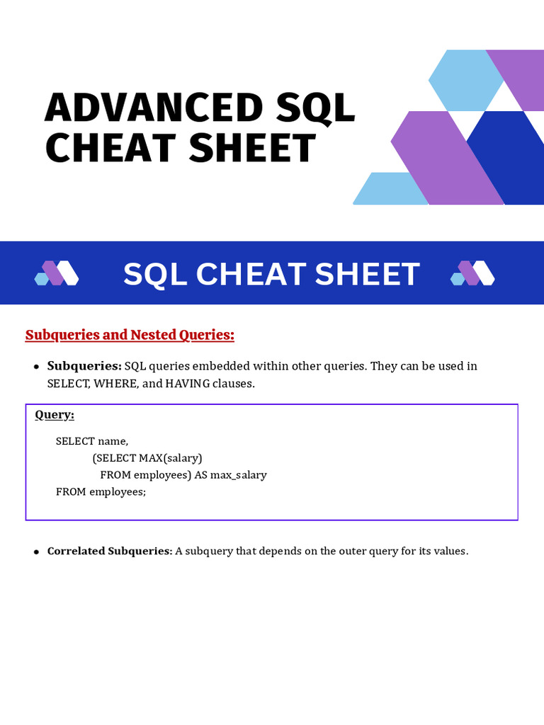 Advanced SQL Cheat Sheet 1736497122 | PDF | Database Index | Database Transaction