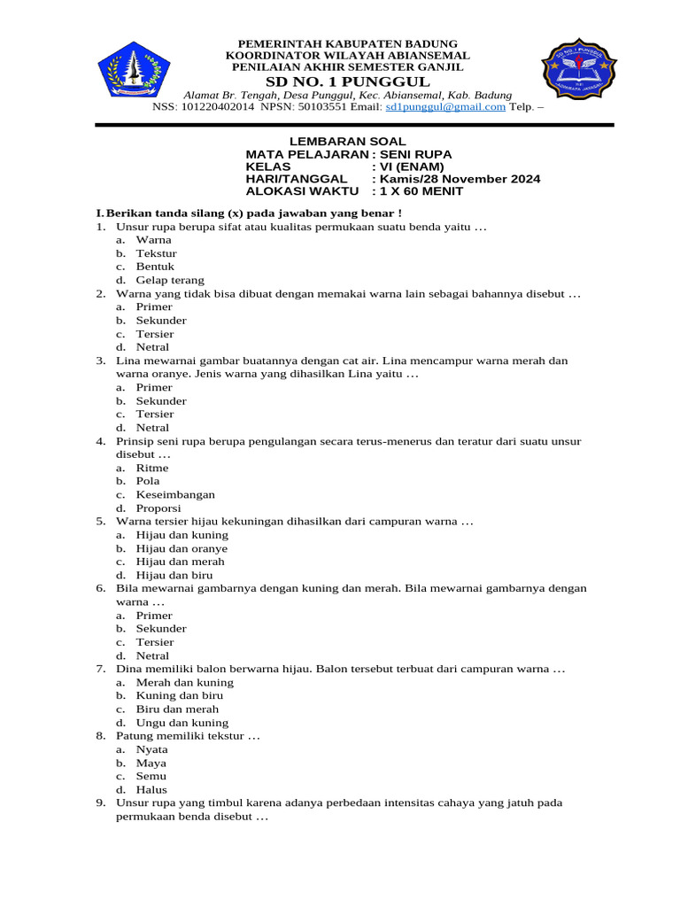 Soal Pas Seni Rupa Semester 1 | PDF