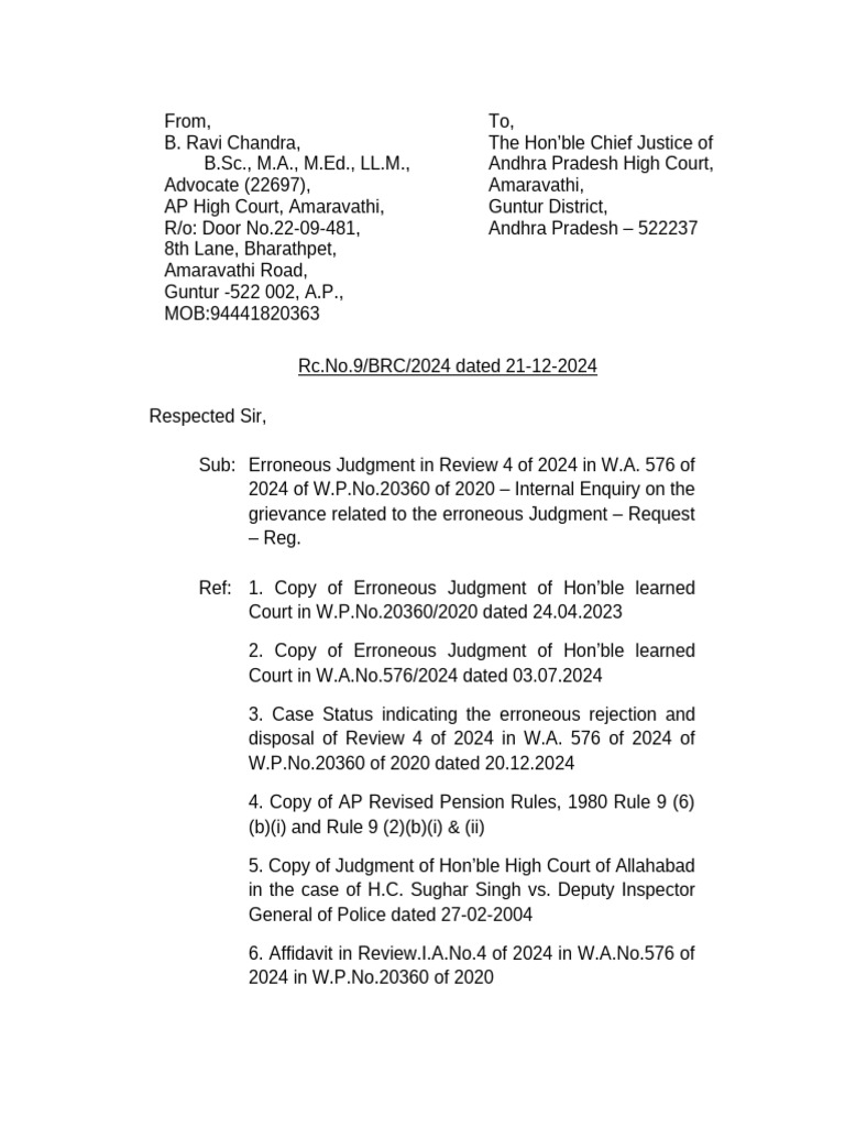 Internal Review Complaint To The Chief Justice of High Court, Andhra ...