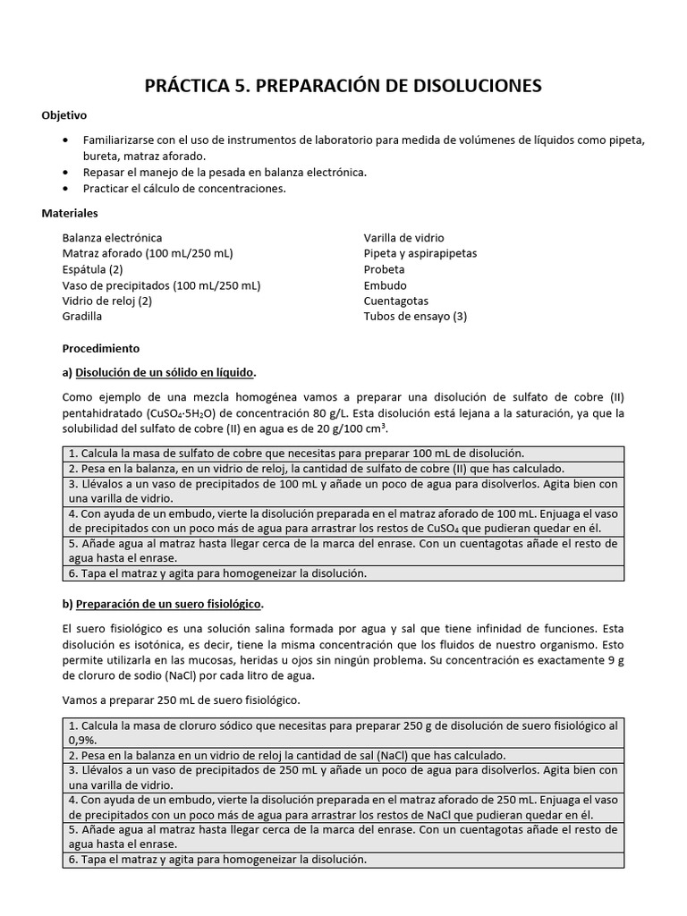 Practica 5. Preparacion Disoluciones PDF | PDF | Concentración | Cloruro de sodio