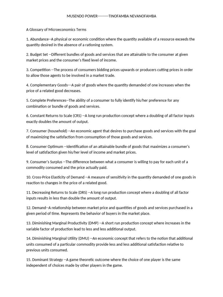 A Glossary of Micro Economic Terms | PDF | Elasticity (Economics) | Demand