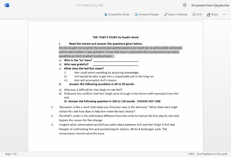 The Thief's Story: Analysis & Questions | PDF