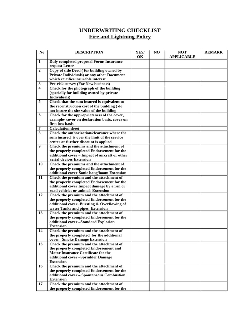 Fire Underwriting Check Lilst | PDF | Insurance | Vehicle Insurance
