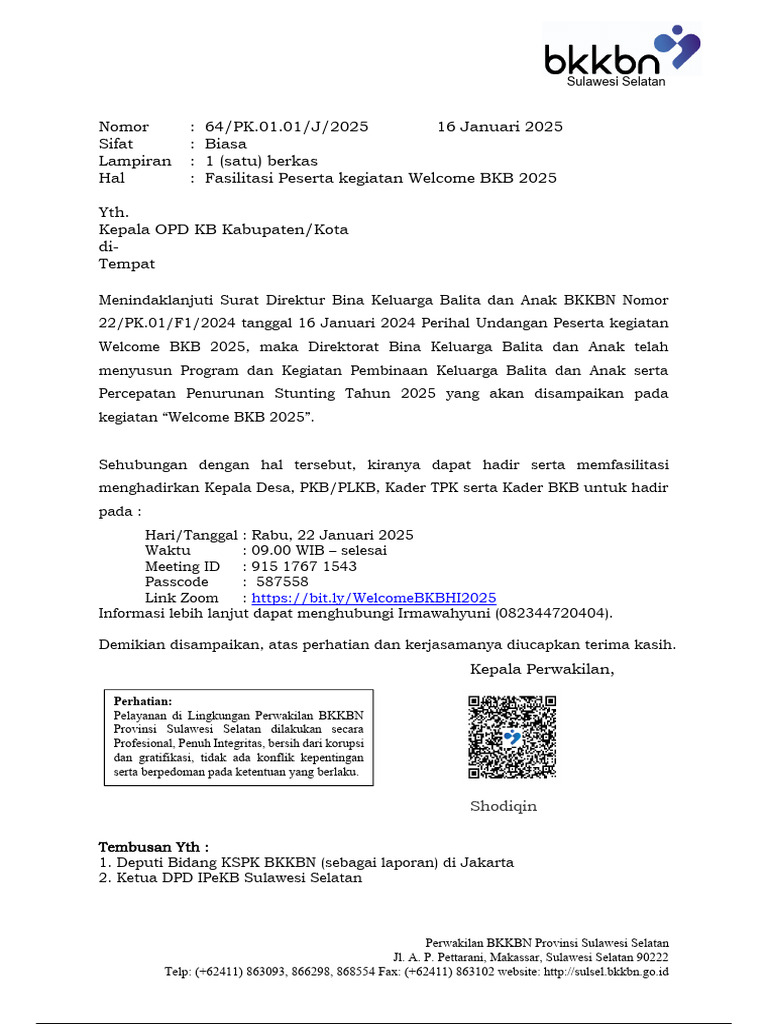 Surat Fasilitasi Welcome BKB 2025 | PDF