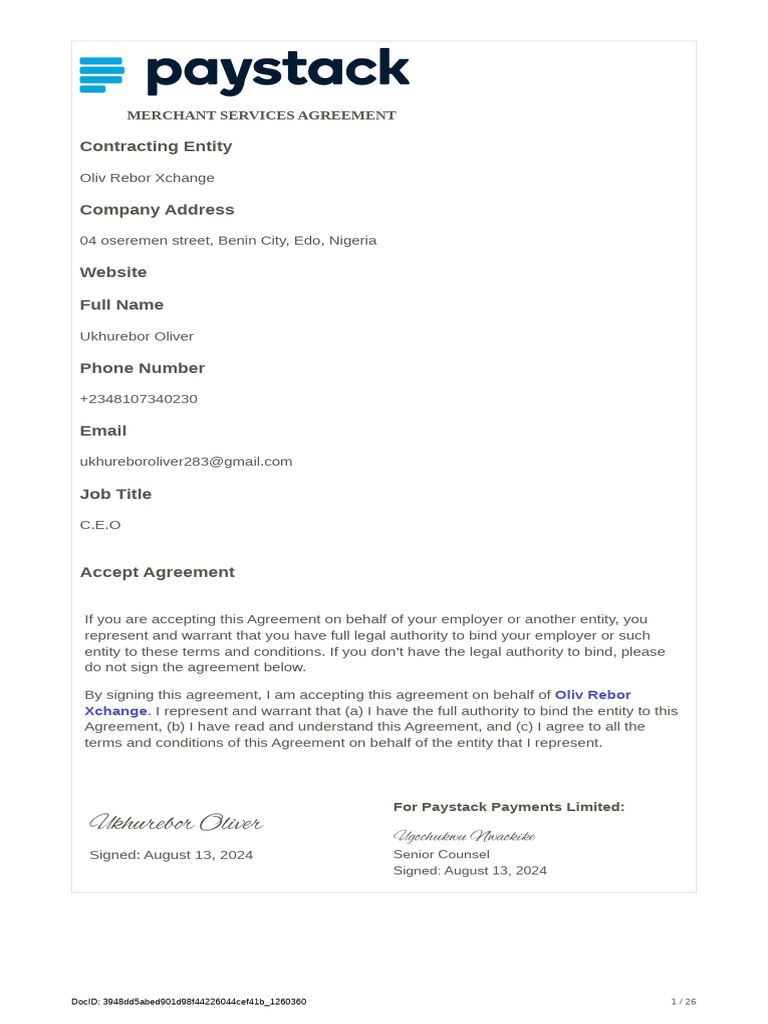 Paystack Merchant Service Agreement 1260360 | PDF | Legal Liability ...
