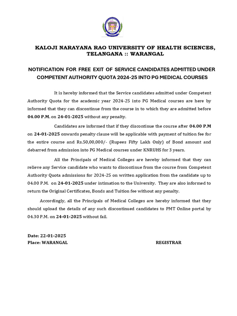 20250122103921pg Service CQ Free Exit Notification 2024-25 | PDF