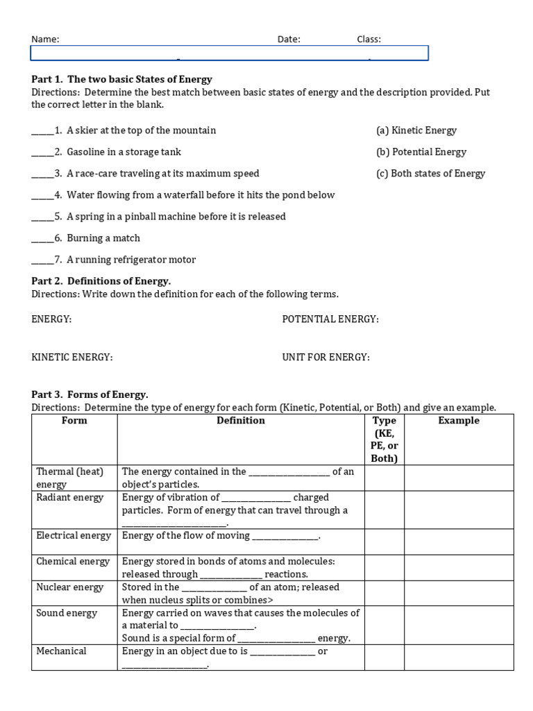 Energy For States, Forms and Transformations Worksheet | PDF ...