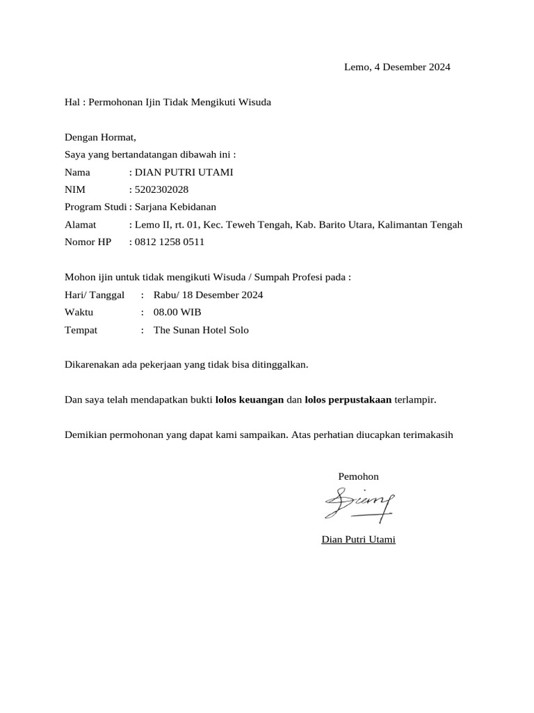 Surat Ijin Tidak Ikut Wisuda | PDF