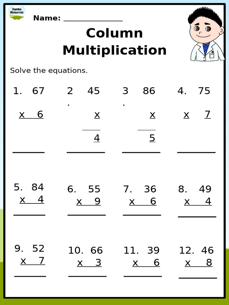 Grade 3 Column Multiplication Worksheet | PDF