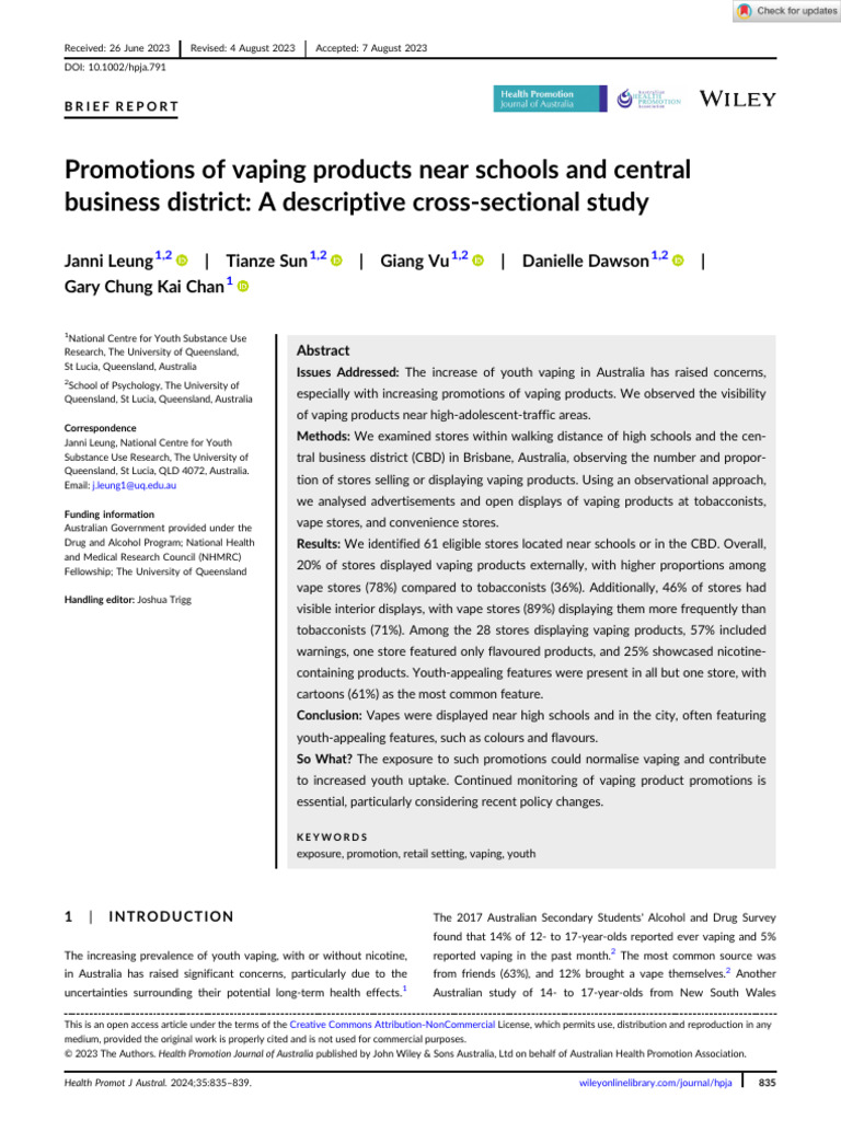 Health Prom J of Aust - 2023 - Leung - Promotions of vaping products ...