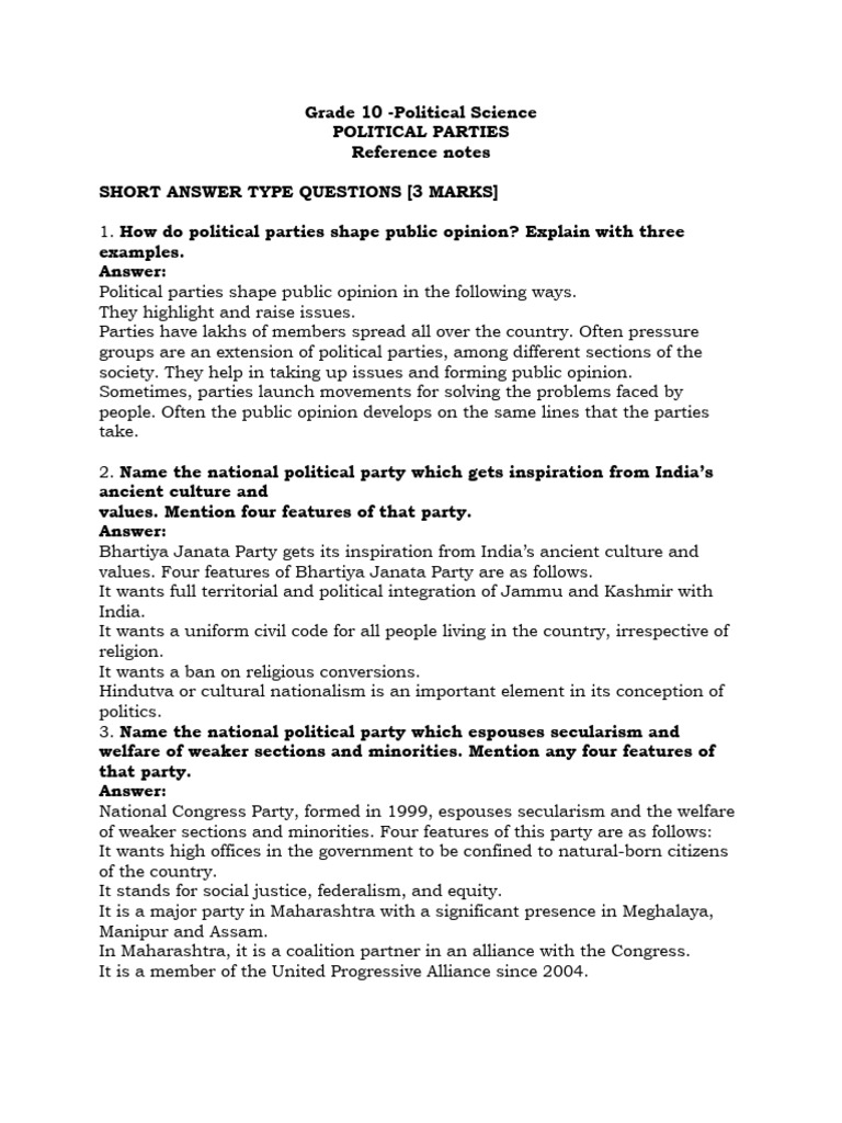 Political Parties Reference Notes | PDF | Political Parties | Elections