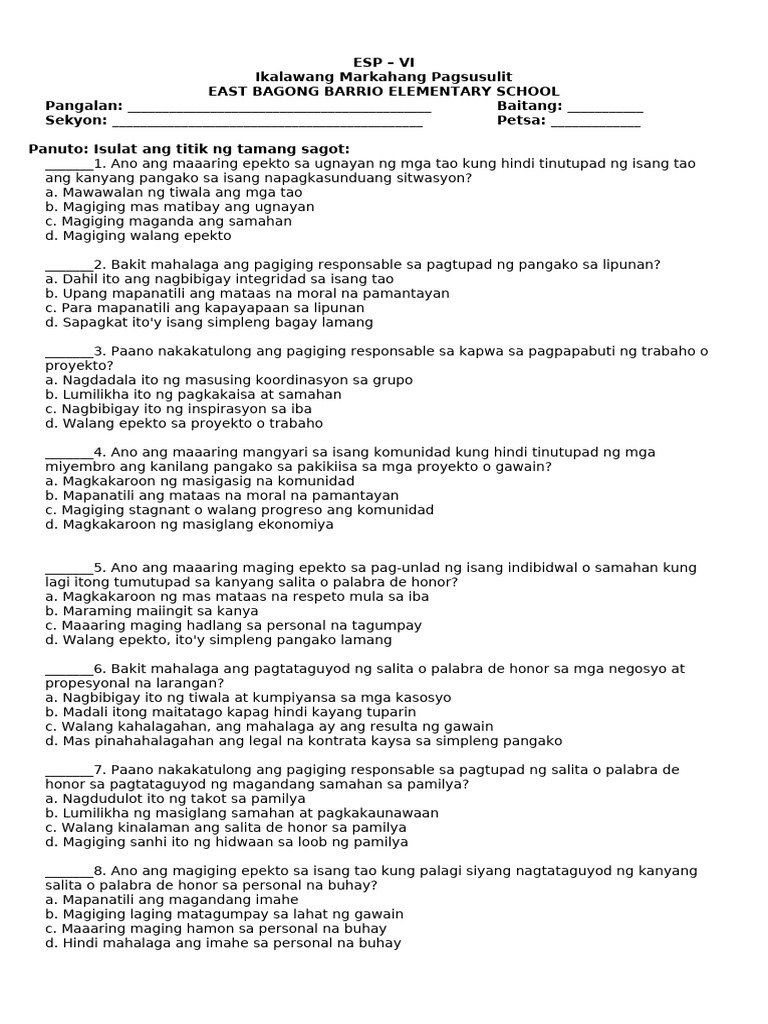 2ND Quarter Test Esp Grade 6 | PDF