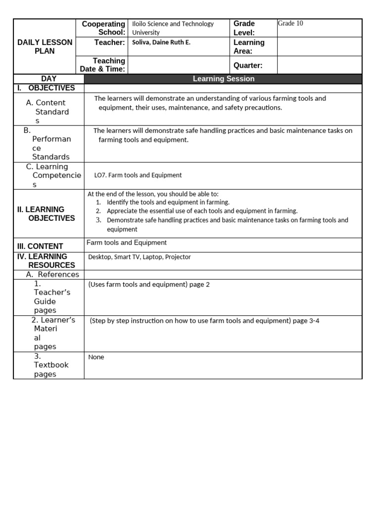 Deped- LESSON PLAN | PDF | Tractor | Agricultural Machinery