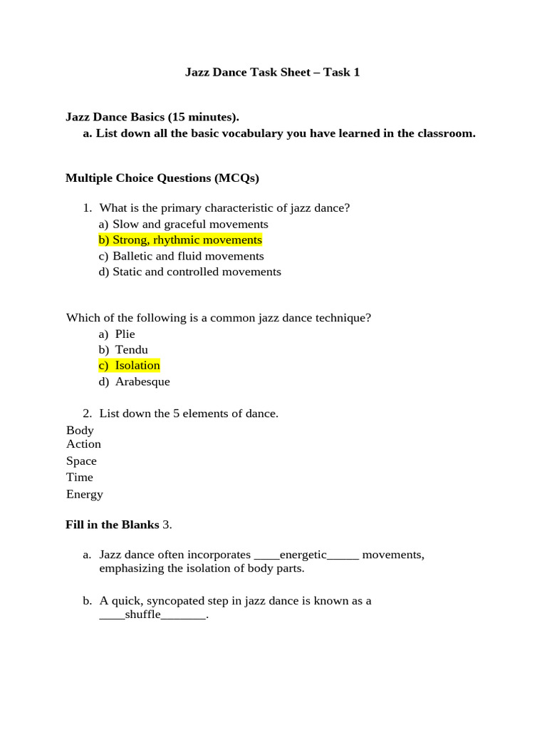 MYP 2 - Jazz Dance Task Sheet | PDF