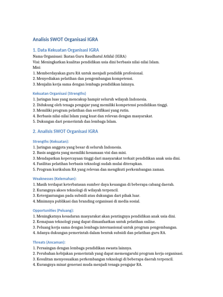 Analisis SWOT Organisasi IGRA | PDF