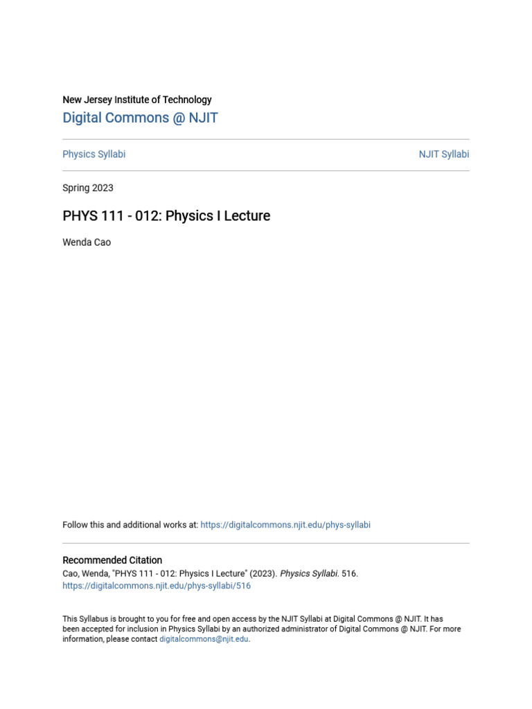 PHYS 111 - 012 - Physics I Lecture | PDF | Force | Newton's Laws Of Motion
