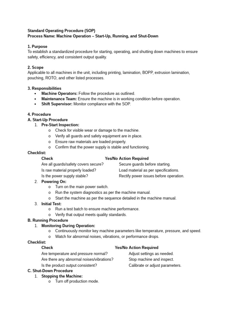 Machine Operation Standard Procedures | PDF | Calibration | Waste