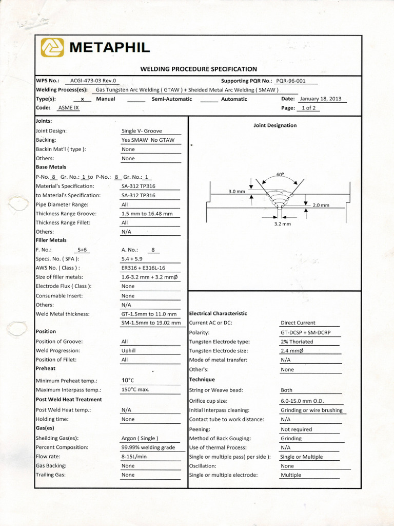 Wps-Gtaw-Smaw (Astm A312 TP316) | PDF