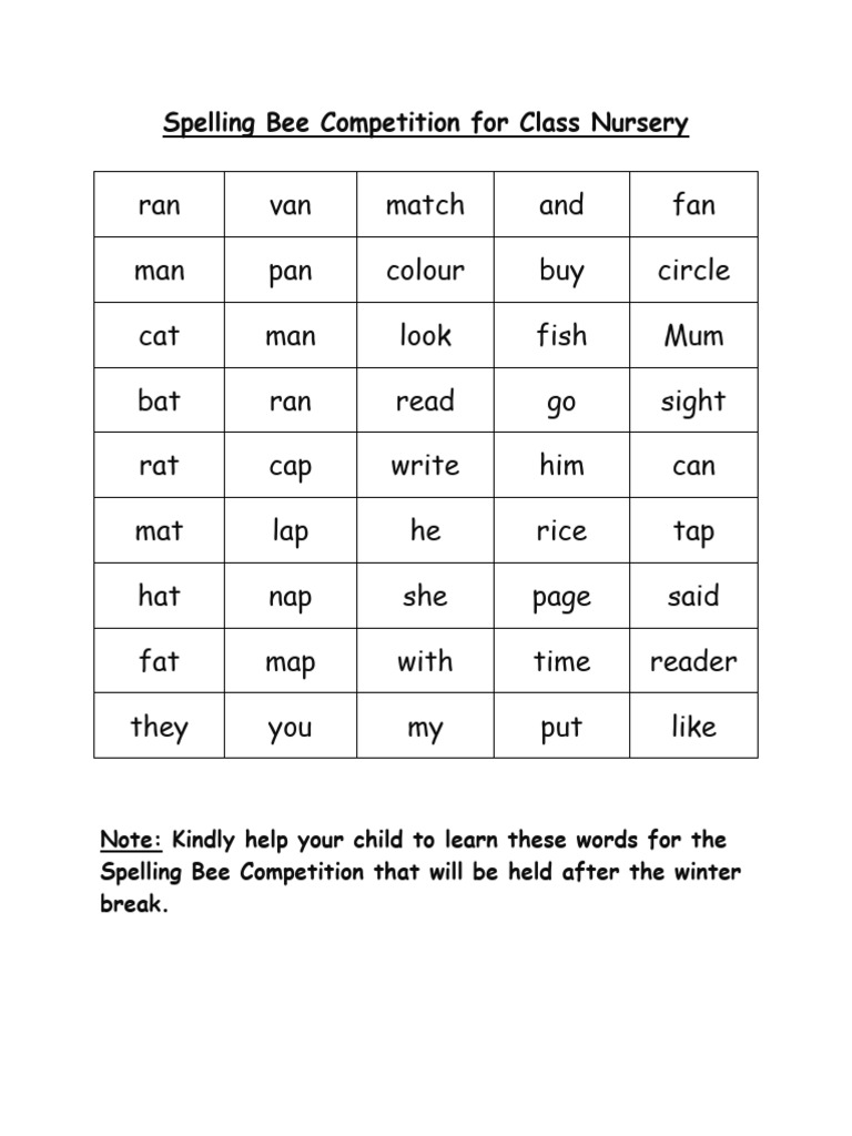 Nursery Spelling Bee Word List | PDF