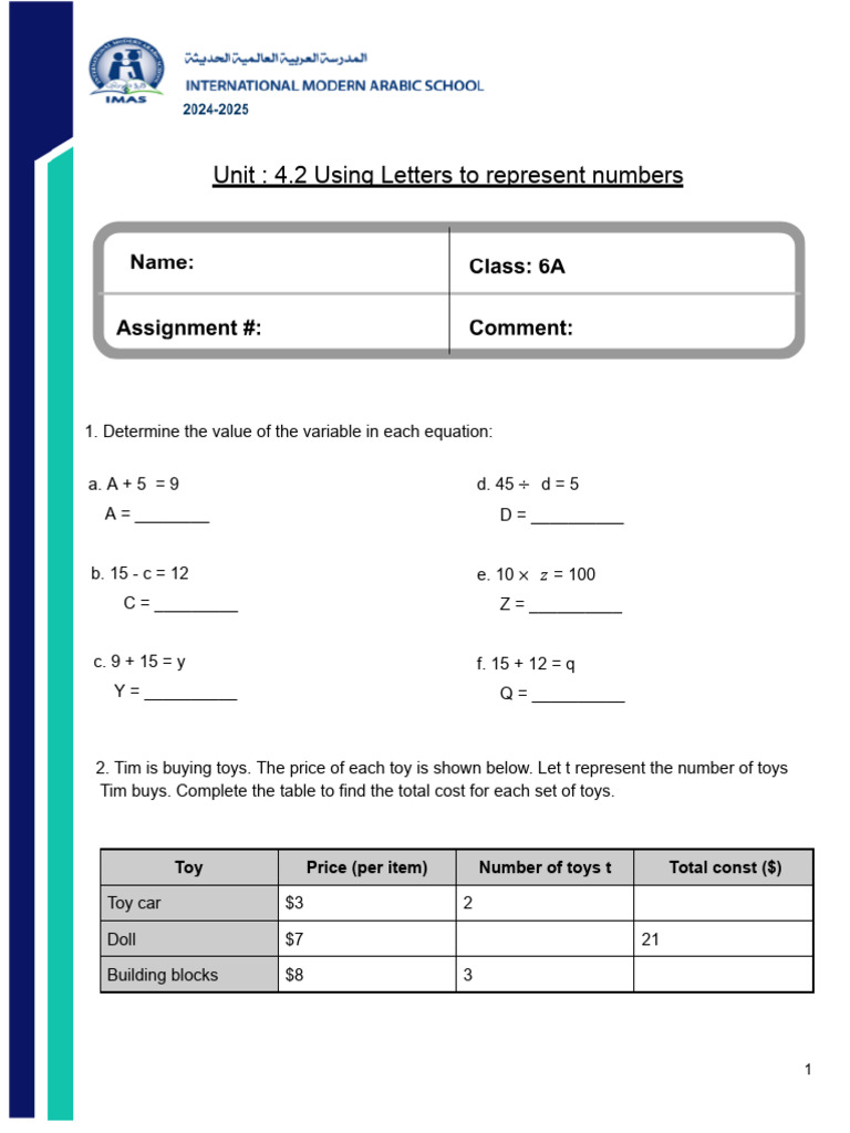 4.2 Using Letters To Represent Numbers | PDF | Mathematics