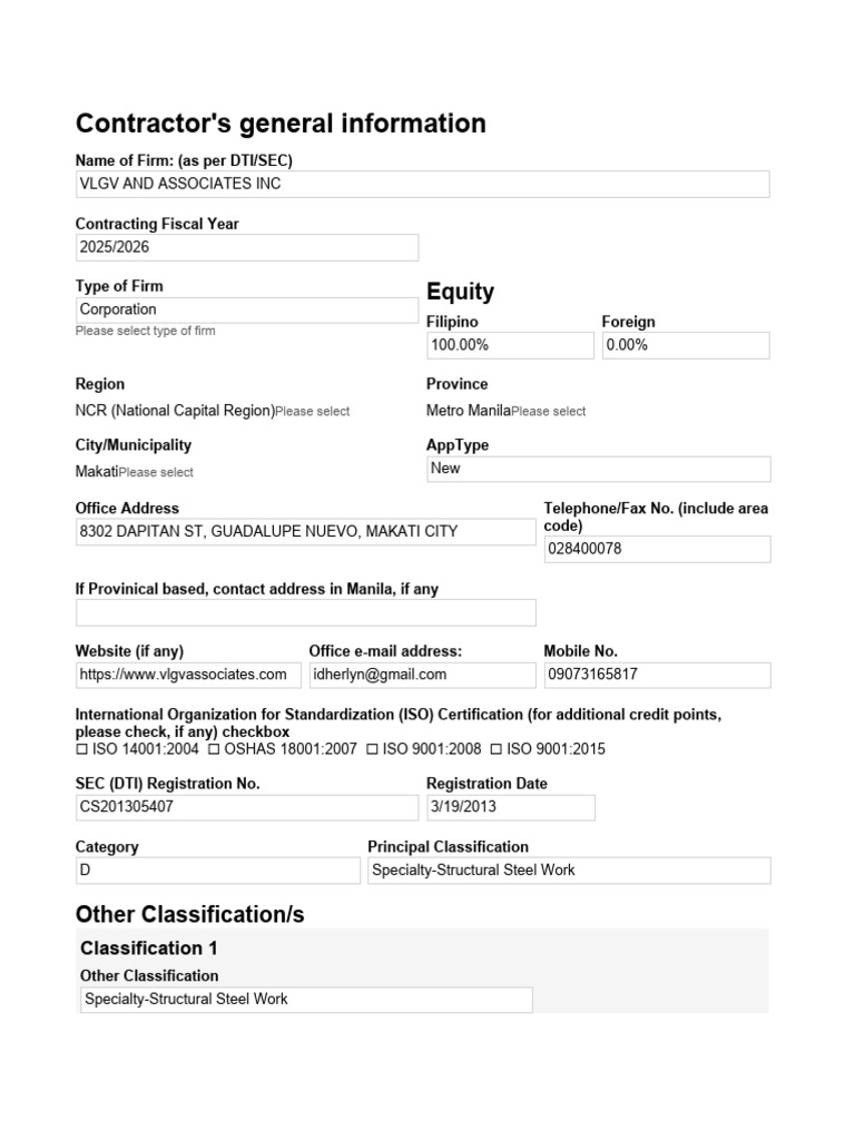VLGV Associates Inc. Contractor Profile | PDF | Metro Manila | Shareholders