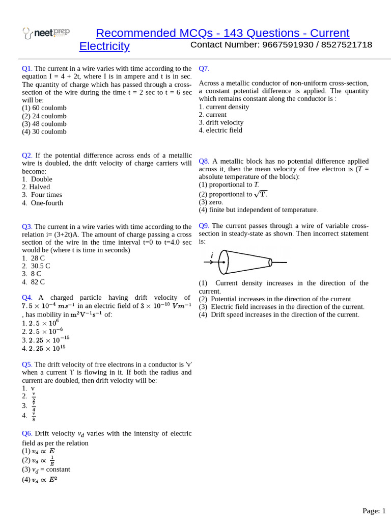 Current Electricity Important Questions For NEET | PDF | Voltage | Volt