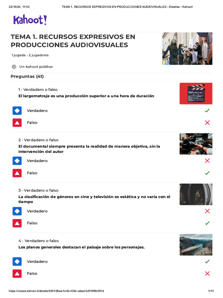 TEMA 1 - RECURSOS EXPRESIVOS - Producciones - Audiovisuales - KAHOOT | PDF