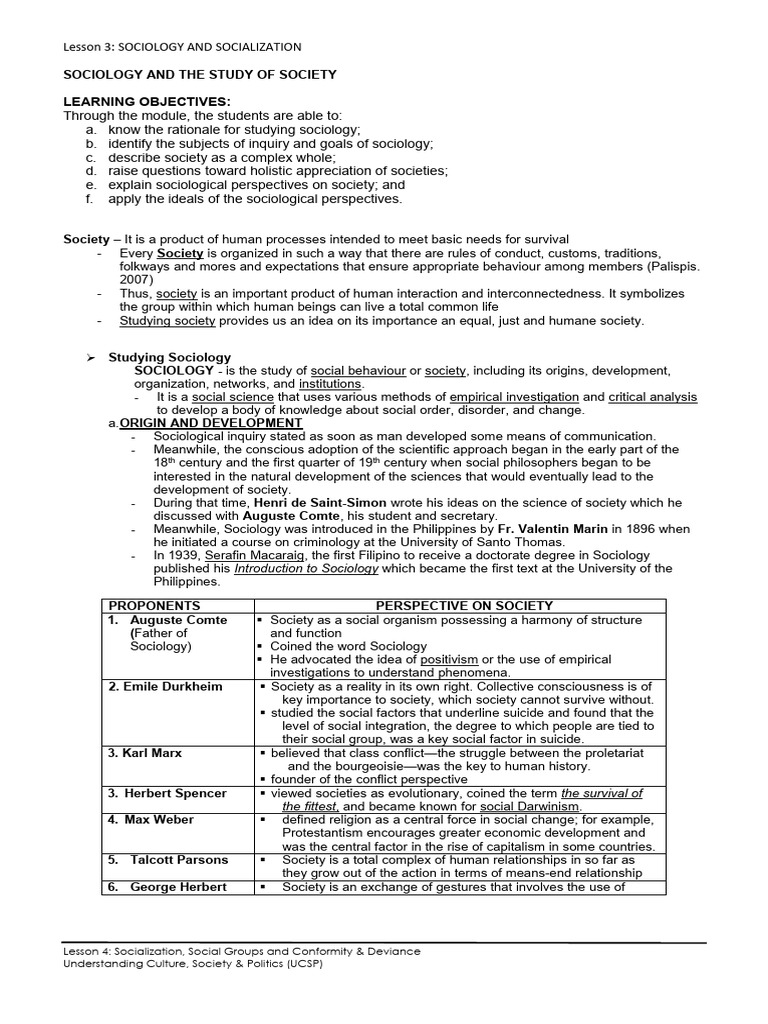 Lesson 3 - SOCIOLOGY AS THE STUDY OF SOCIETY | PDF | Socialization ...