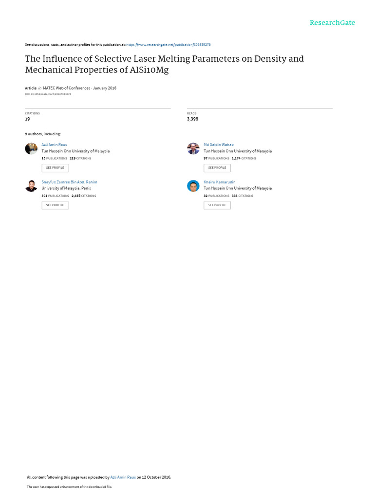 The Influence Of Selective Laser Melting Parameter Pdf Strength Of Materials Applied And