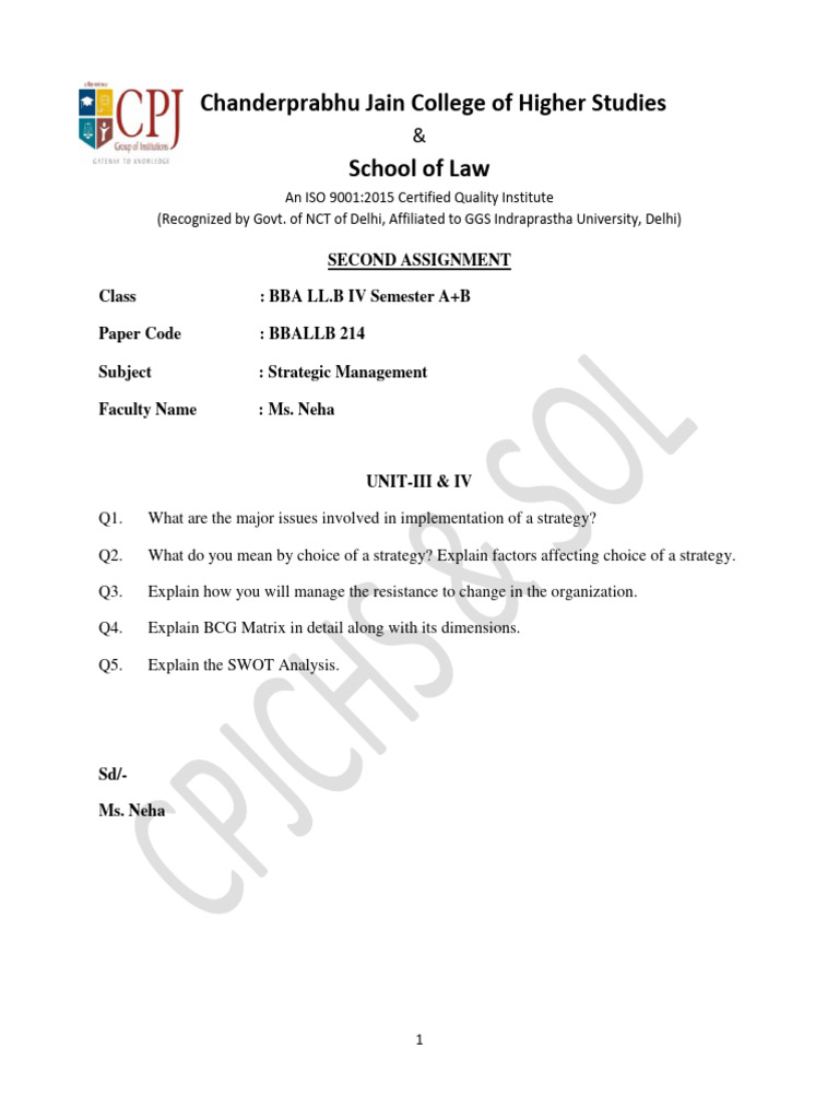 Second Assignment-Strategic Management LLB 214 - BBALLB IV Sem | PDF