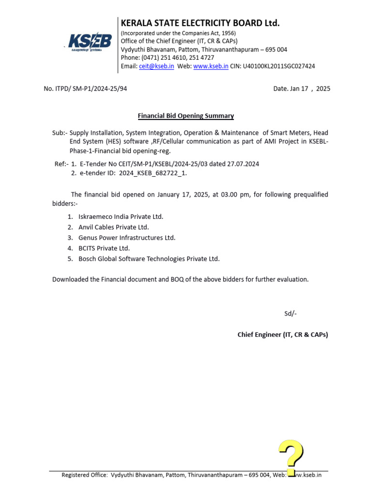 KSEB Smart Meters Bid Opening 2025 | PDF