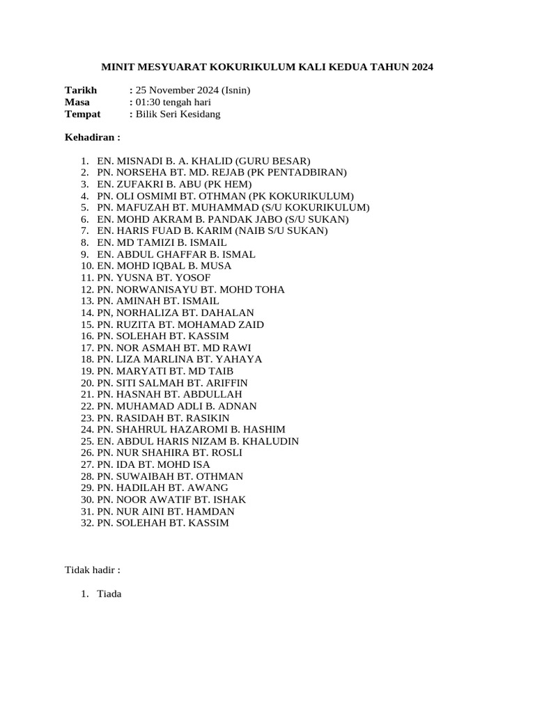 Minit Mesyuarat Kokurikulum Kali-2 Tahun 2024 | PDF