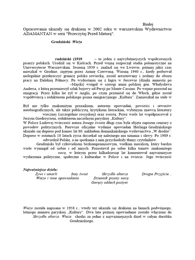 Herling-Grudziński Wieża Bernacki M. | PDF