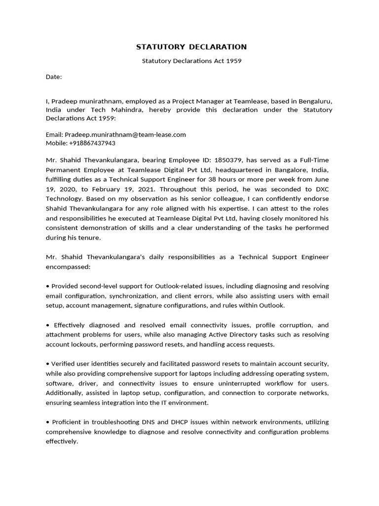 STATUTORY DECLARATION DXC | PDF | Knowledge | User (Computing)