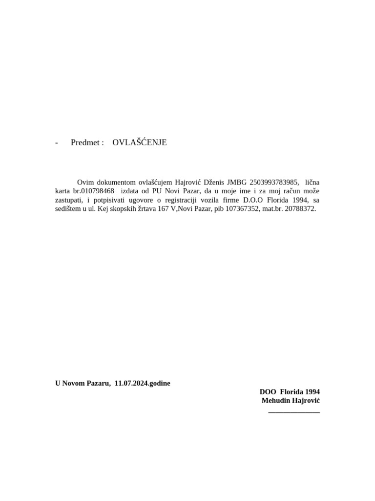 Ovlascenje Za Registraciju Auta | PDF