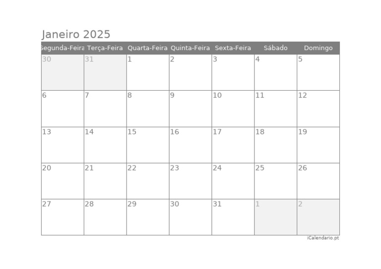 Calendário de Janeiro 2025 para Imprimir | PDF