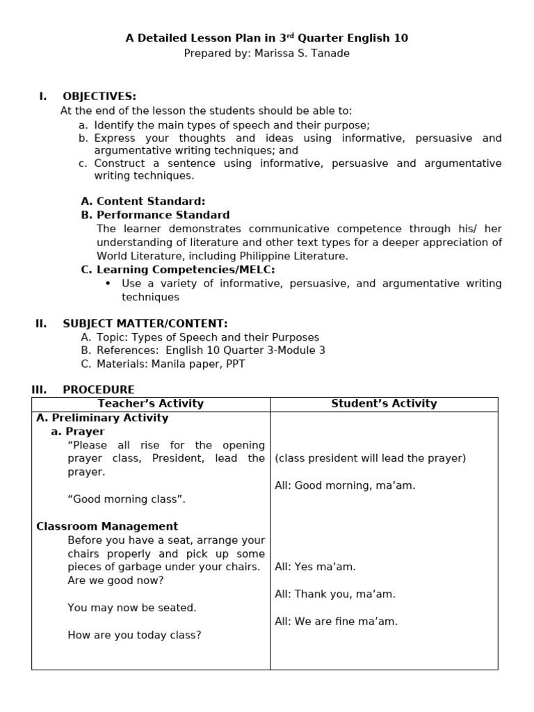 A Detailed Lesson Plan in 3rd Quarter English 10 | PDF | Rhetoric ...