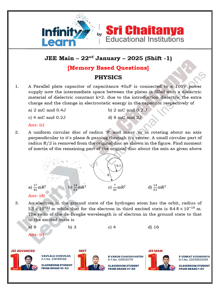 JEE Mains 2025 Shift1 Question Paper With Solutions | PDF | Physical ...
